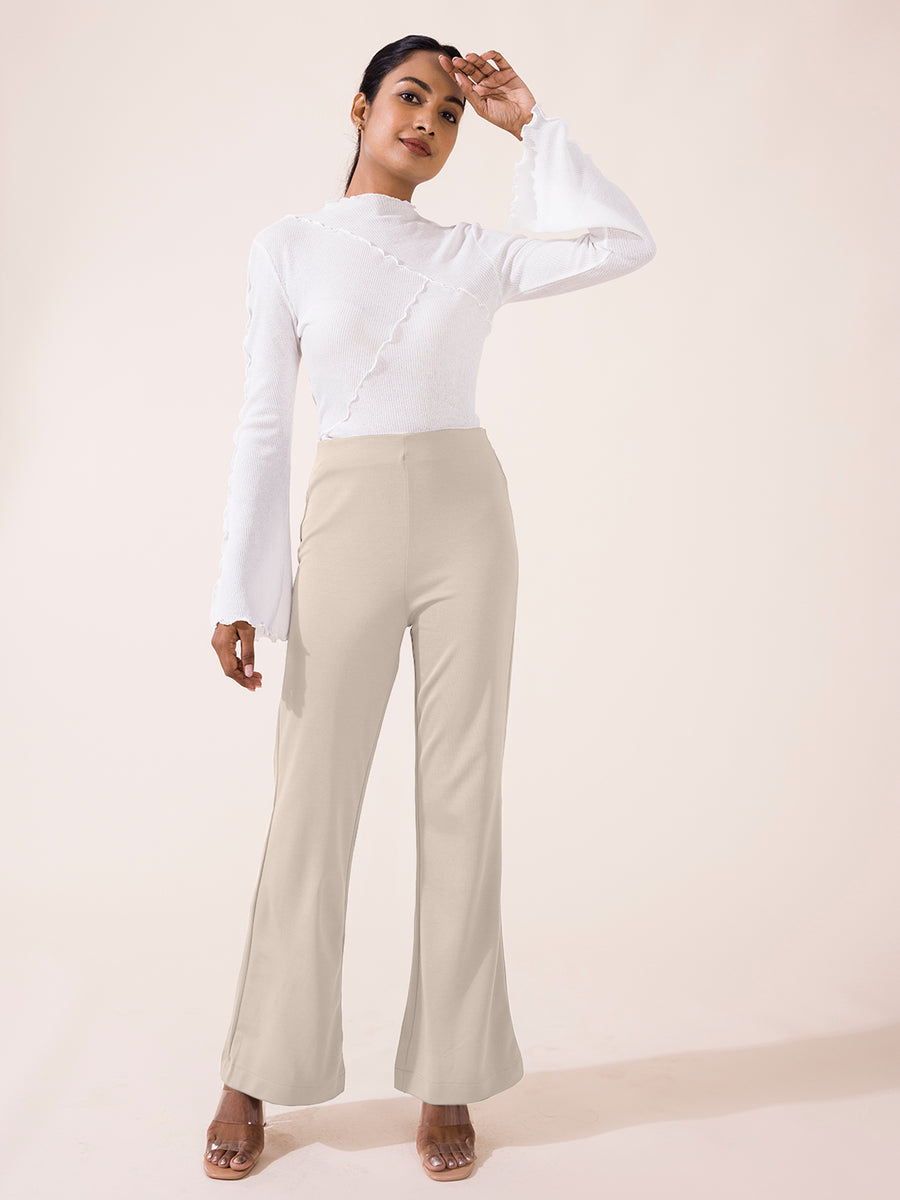 Women Solid Light Beige High Rise Ponte Bell Bottoms