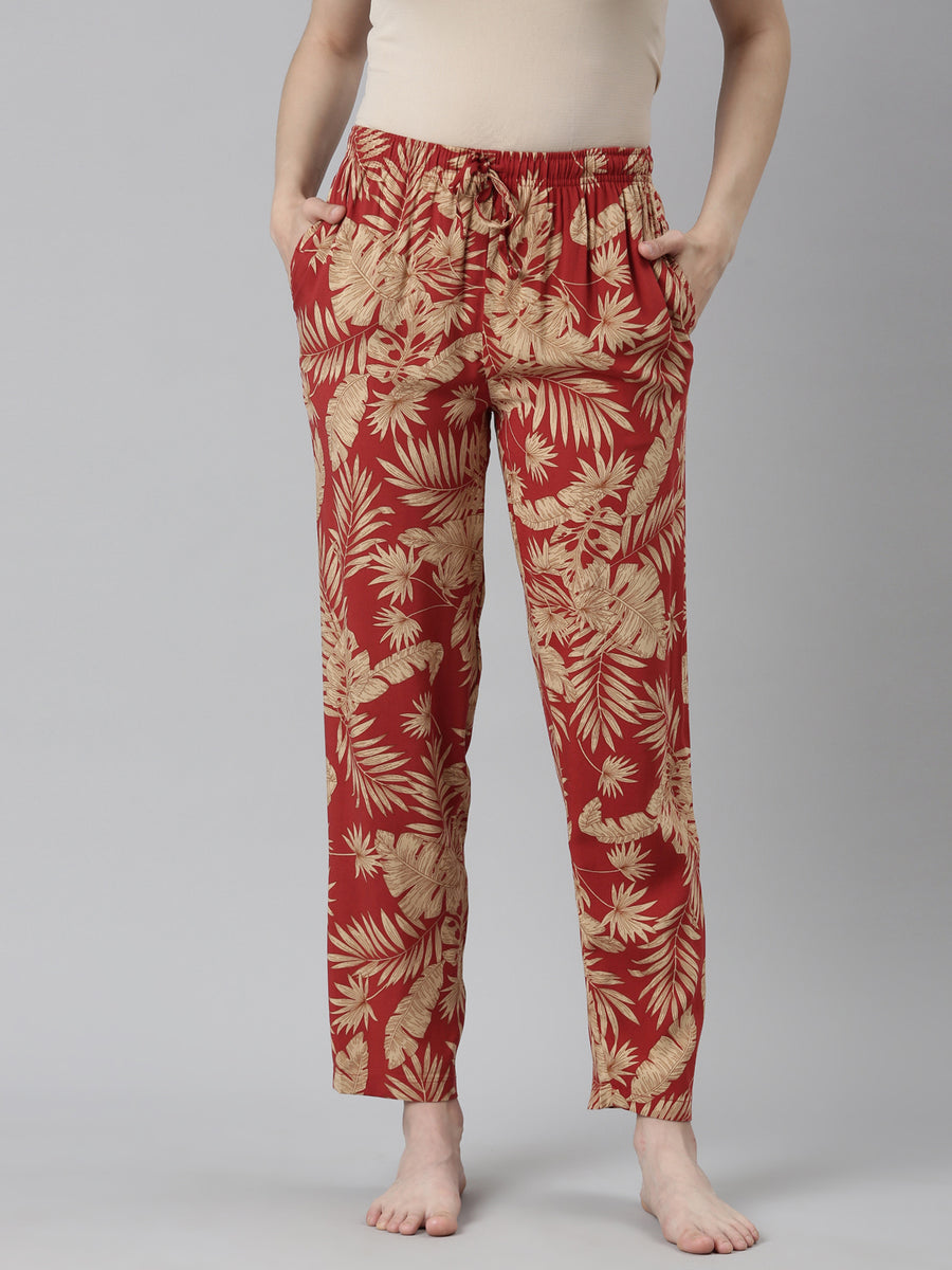 Women Printed Red Mid Rise Woven Viscose Lounge Pants