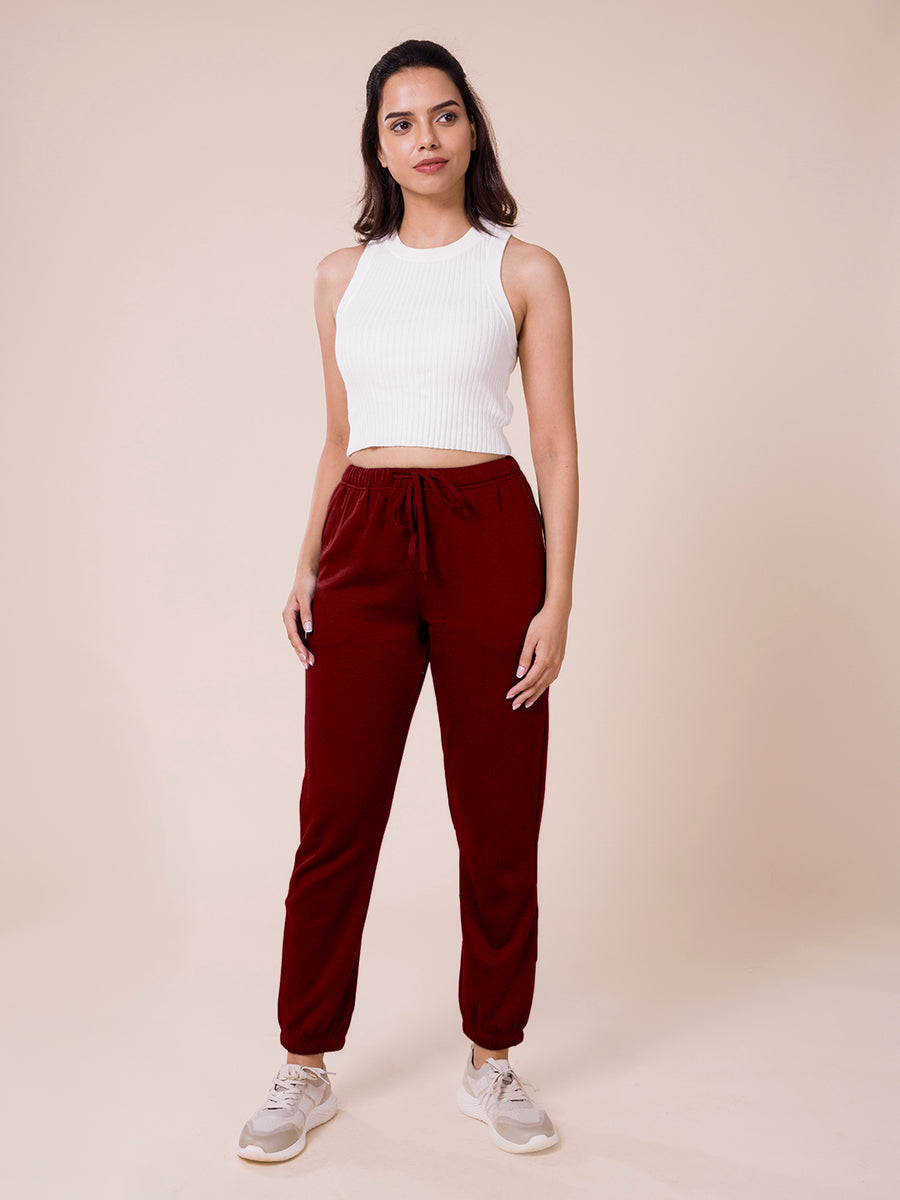 Women Solid Maroon Mid Rise Ultra Warm Jogger
