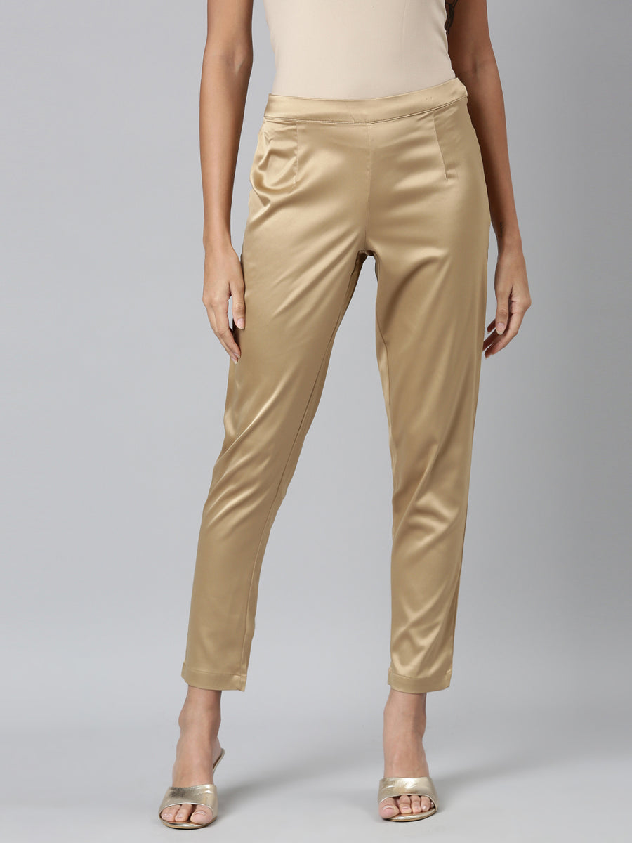 Women Solid Medium Gold Mid Rise Shiny Pants