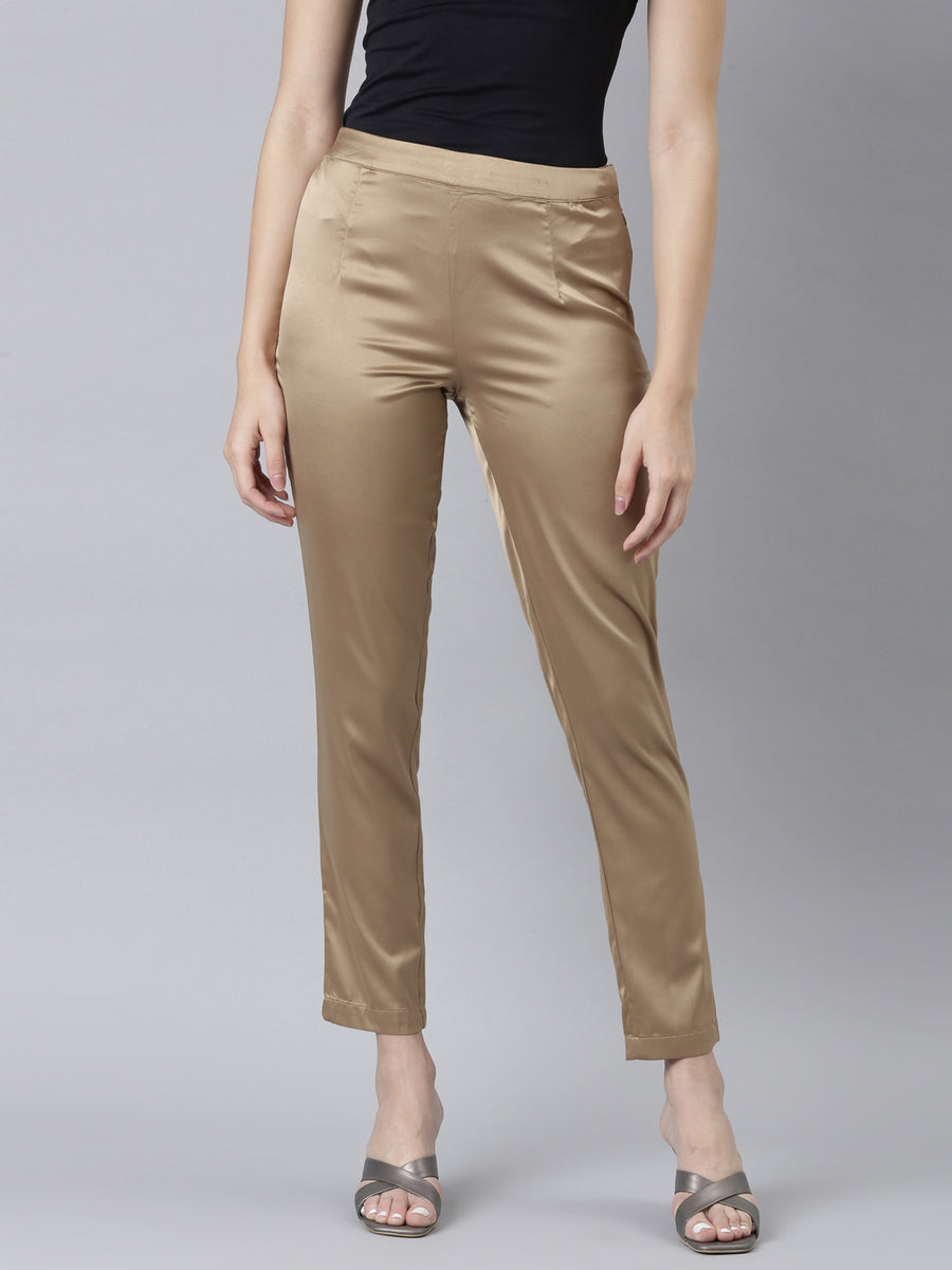 Women Solid Mid Rise Deep Gold Shiny Pants
