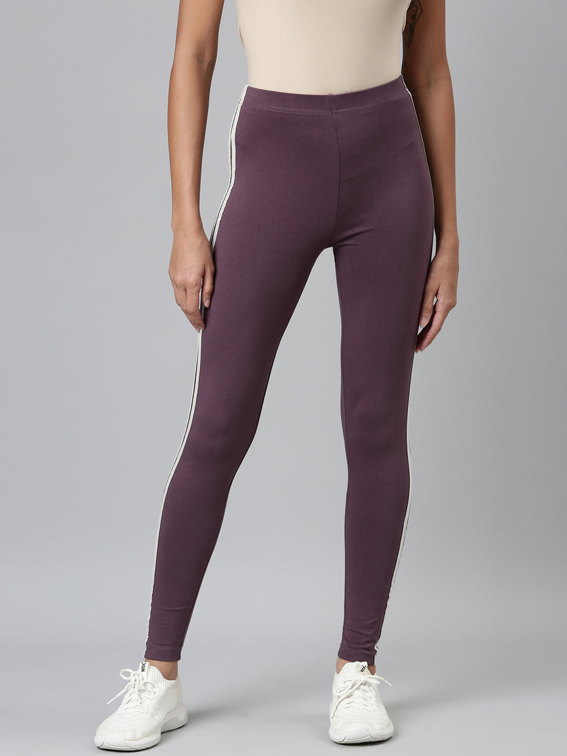 Purple Cotton Stretch Side Stripes Active Leggings – Go Colors India