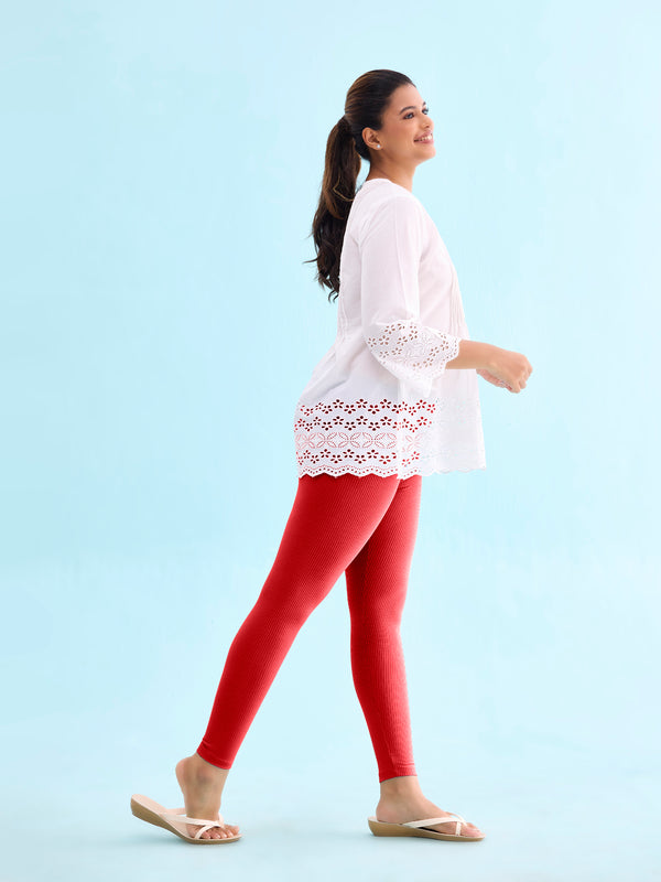 Bright Red Drop Needle Fabric Rib Leggings – Go Colors India