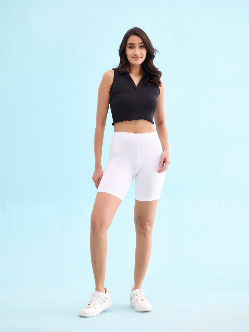 White Cotton Stretch Cycling Shorts - Plus Size – Go Colors India