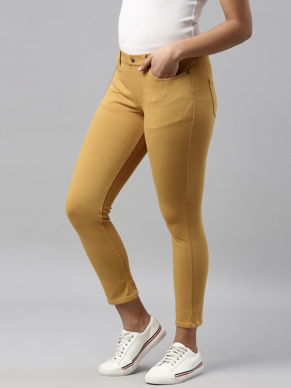 Mustard Cotton Poly Stretch Cropped Colored Jeggings – Go Colors India