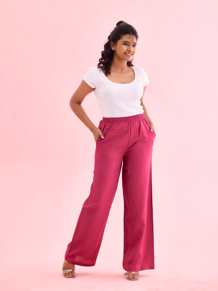 Dark Rose Viscose Blend Linen Palazzos - Plus Size – Go Colors India