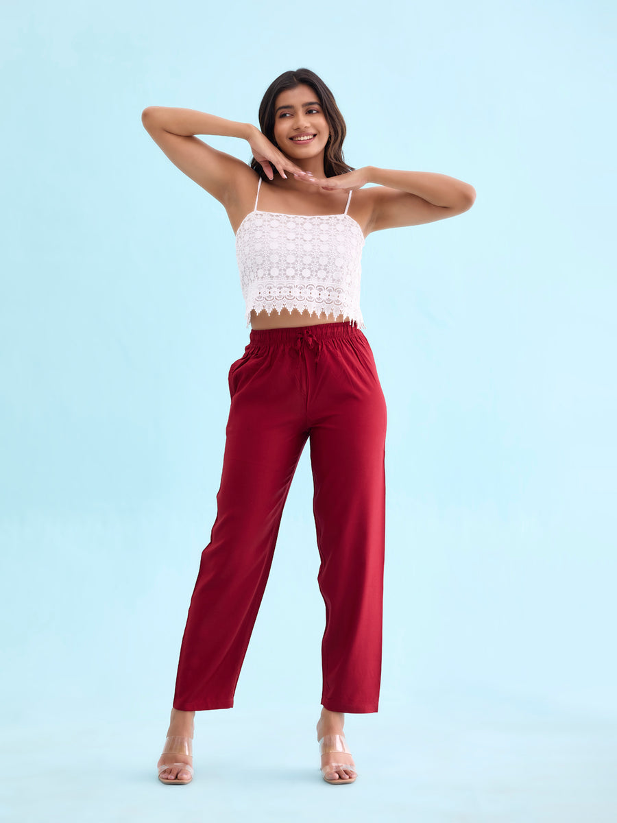 Solid Bright Red Pants for Women Online | Go Colors