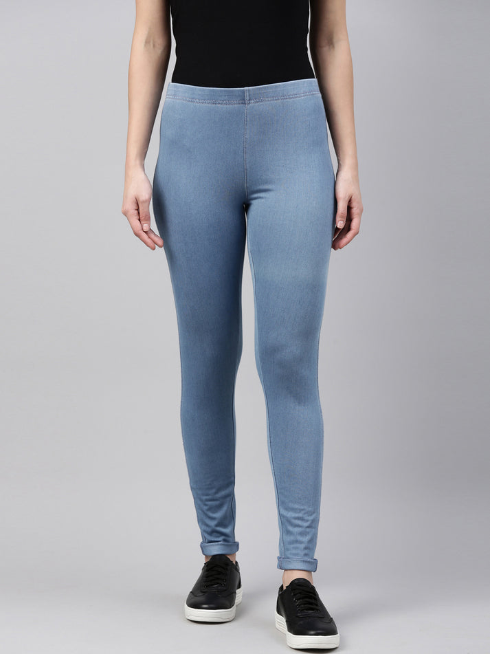 Shop Women's Solid Light Blue Denim Leggings Online | GoColors – Go ...