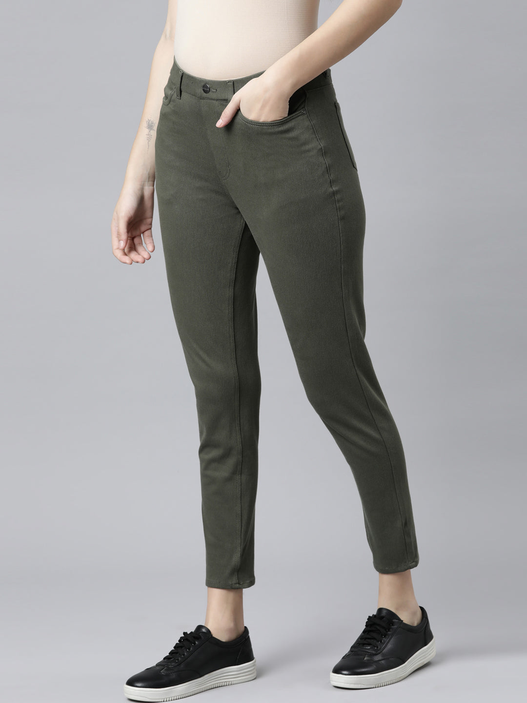 Dark Olive Cotton Poly Stretch Cropped Colored Jeggings – Go Colors India