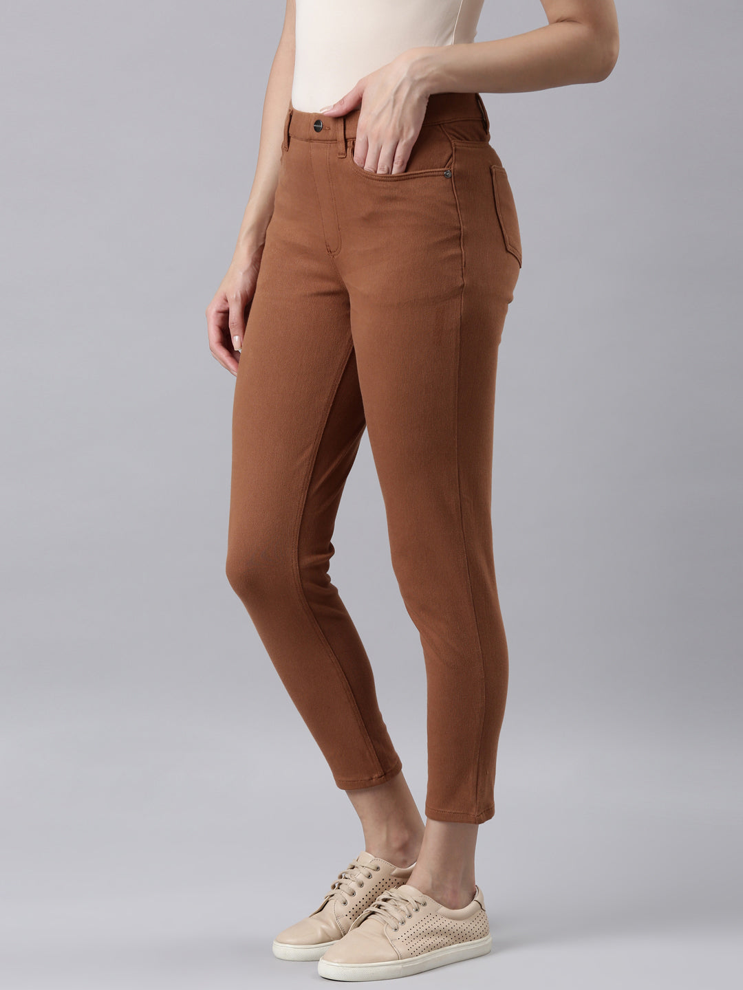 Light Brown Cotton Poly Stretch Cropped Colored Jeggings – Go Colors India