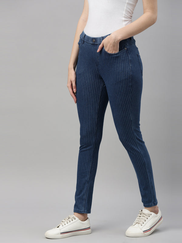 Blue Cotton Poly Stretch Stripes Denim Jeggings – Go Colors India