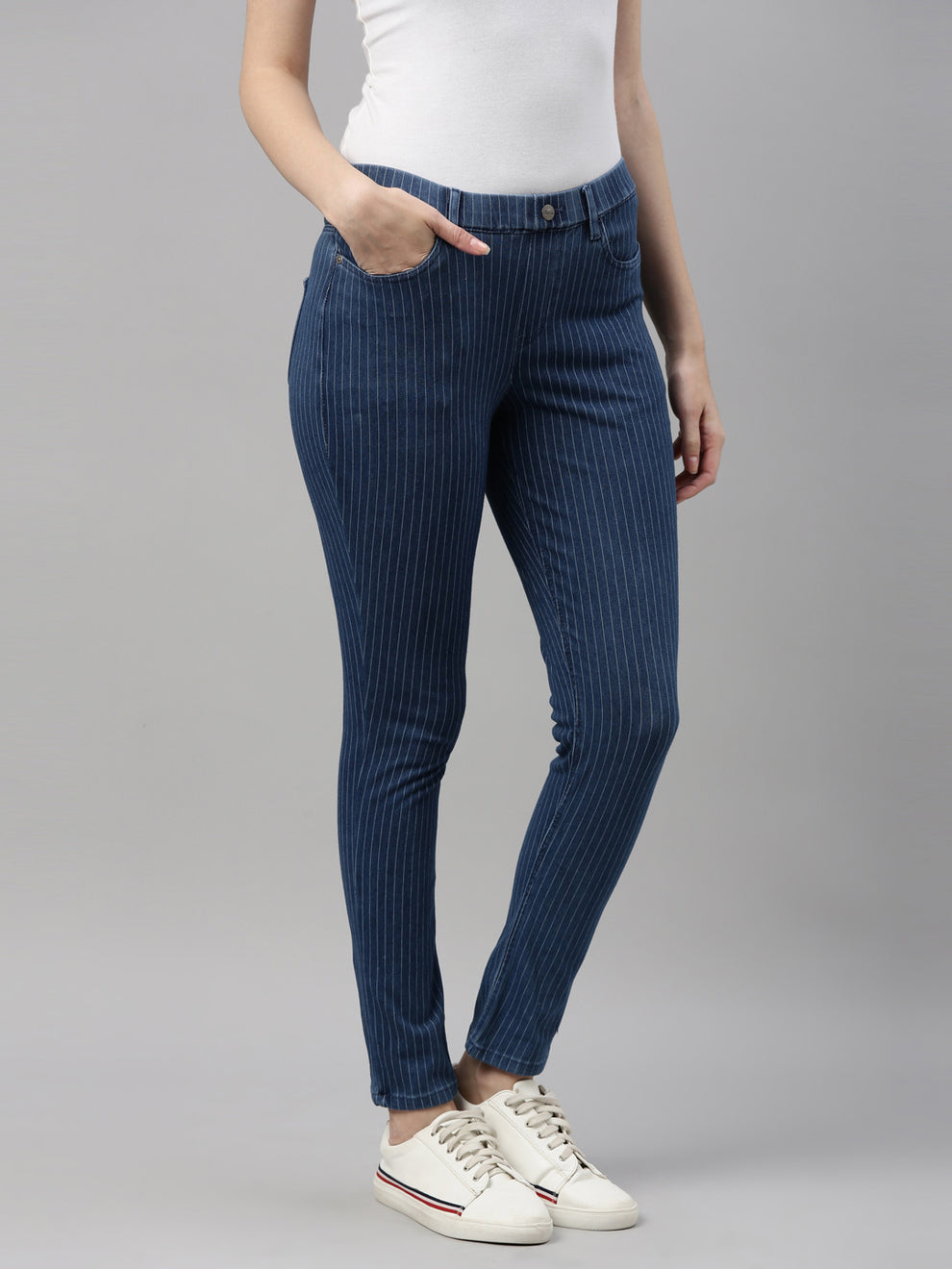 Blue Cotton Poly Stretch Stripes Denim Jeggings – Go Colors India