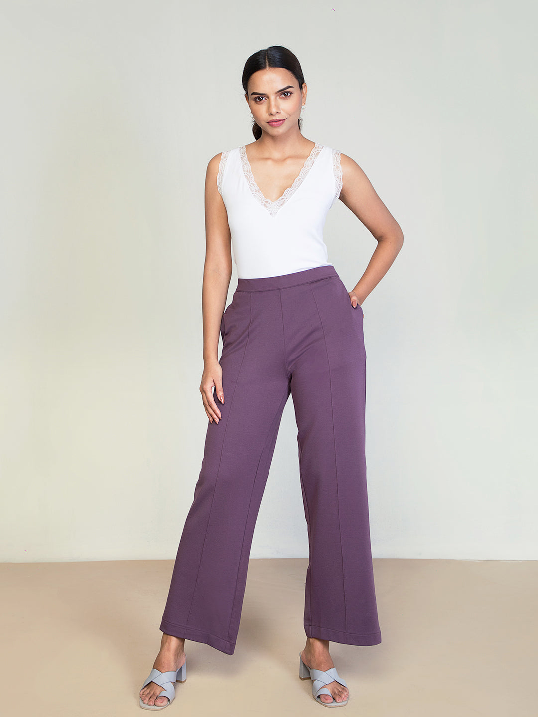 Purple Roma Ponte Wide Pants – Go Colors India